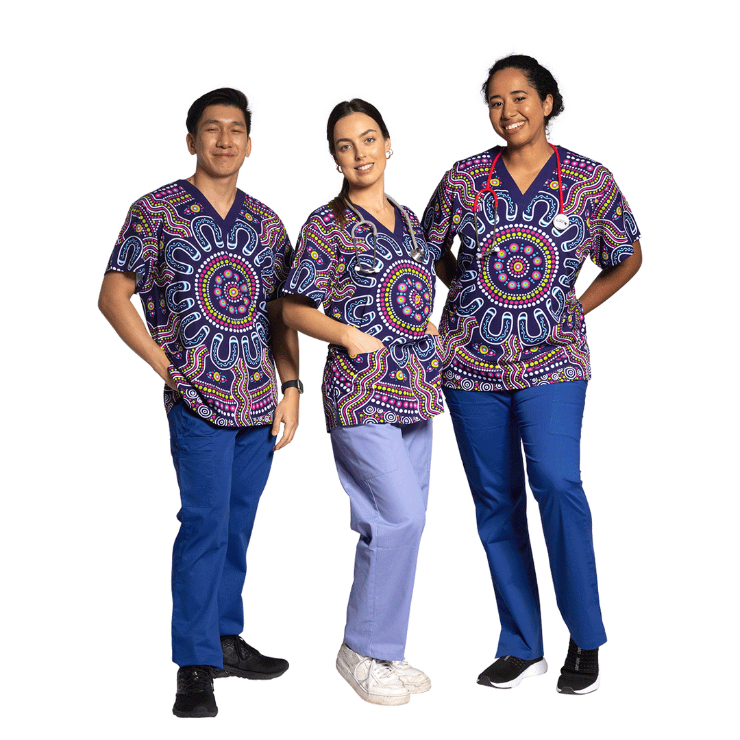 Aboriginal Art Medical Scrub Tops Indigenous Australian Designs Bw